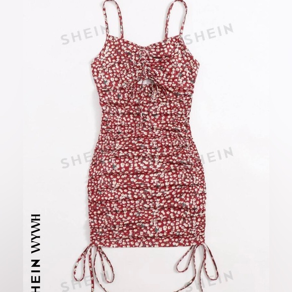SHEIN | Dresses | Cutout Drawstring Knot Front Floral Red Dress | Poshmark